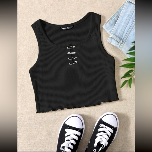 Shein Tops Shein Ez Wear Notched Neck Safety Pins Lettuce Scalloped